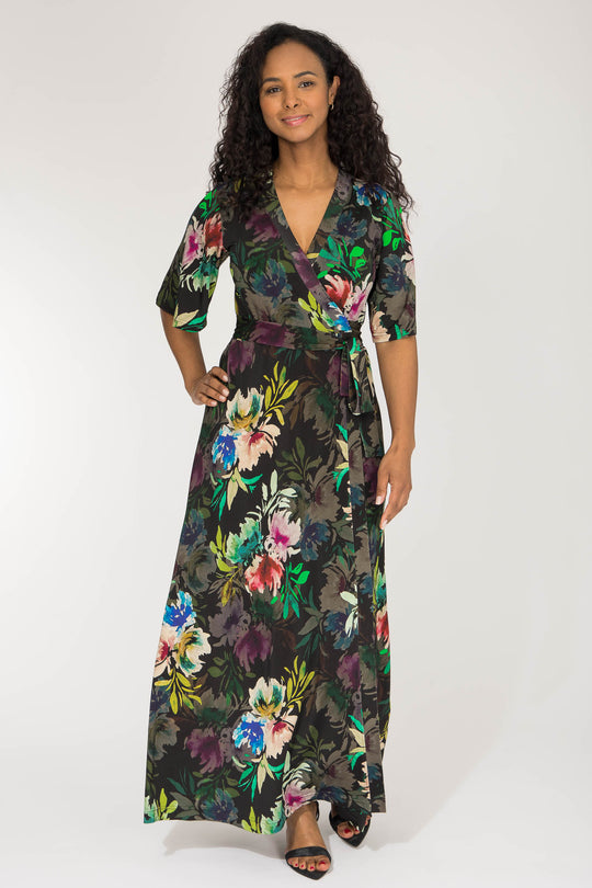 Bestie shine wrap maxi jersey dress - Black flowers – Pure Female
